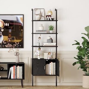 Yusong 73" Tall Bookshelf with Cabinet, Industrial Ladder Wall Mount Shelf Bookcase with Wood and Metal Frame, Plant Shelf Wall Storage Display for Living Room Bedroom, Black Wood Grain