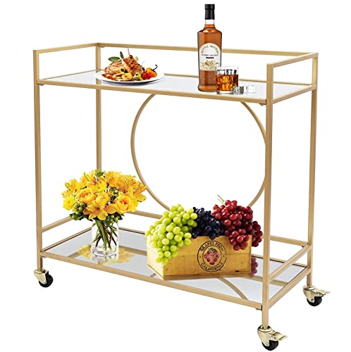 EonBon Gold Mirror Rolling Serving Bar Cart on Lockable Wheels, Wine Drink Liquor Cart Stand for Home Kitchen, Bar, Living Room, Club Party, Christmas, New Year