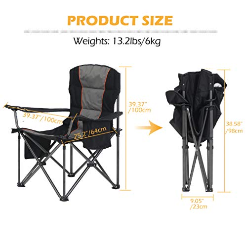 HIGH POINT SPORTS Oversized Portable Camping Folding Chair, Heavy Duty Foldable Outdoor Chair, Camp Chair with Cup Holder and Cooler Bag Support 450 LBS, Black