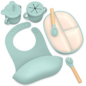 cavee baby led weaning utensils infant first stage blw 6-12 months silicone feeding set (bpa-free) with suction plate and sippy snack cup 2-in-1 easy-clean toddler eating essentials infant