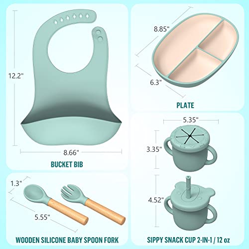 CAVEE Baby Led Weaning Utensils Infant First Stage BLW 6-12 Months Silicone Feeding Set (BPA-Free) with Suction Plate and Sippy Snack Cup 2-in-1 Easy-Clean Toddler Eating Essentials Infant