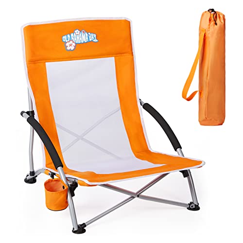 Old Bahama Bay Low Beach Camping Folding Chair with Cup Holder & Carry Bag Compact & Heavy Duty for Outdoor, Camping, BBQ, Beach, Travel, Picnic, Concert(Qrange)