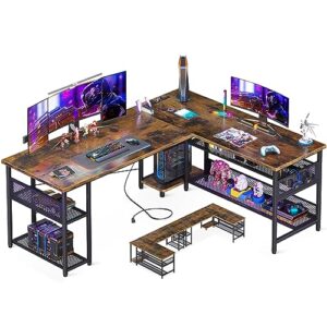 odk 59" l shaped desk with power outlet and usb charging ports, reversible l shaped computer desk with storage shelves, home office desk, gaming desk, corner desk, vintage