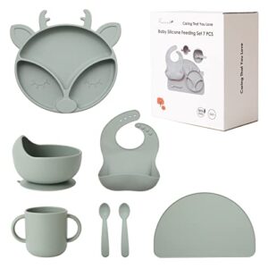 rocced silicone baby feeding set baby led weaning supplies toddler dish set first stage solid food eating utensil, suction plates with spoons baby suction bowls bibs cups placemat- 6m+ sage