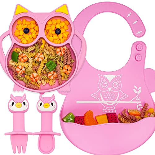 KAVONOI Baby Toddler Silicone Suction Plate with Spoon&Fork And Adjustable Bib Set,Silicone Baby Feeding Utensils Set，Baby Toddler Led Weaning Supplies Set-Pink Owl Set