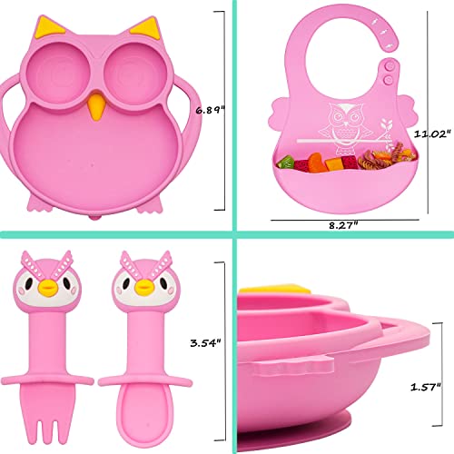 KAVONOI Baby Toddler Silicone Suction Plate with Spoon&Fork And Adjustable Bib Set,Silicone Baby Feeding Utensils Set，Baby Toddler Led Weaning Supplies Set-Pink Owl Set