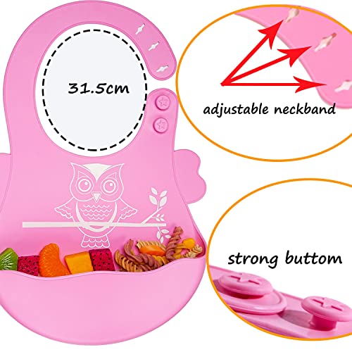 KAVONOI Baby Toddler Silicone Suction Plate with Spoon&Fork And Adjustable Bib Set,Silicone Baby Feeding Utensils Set，Baby Toddler Led Weaning Supplies Set-Pink Owl Set