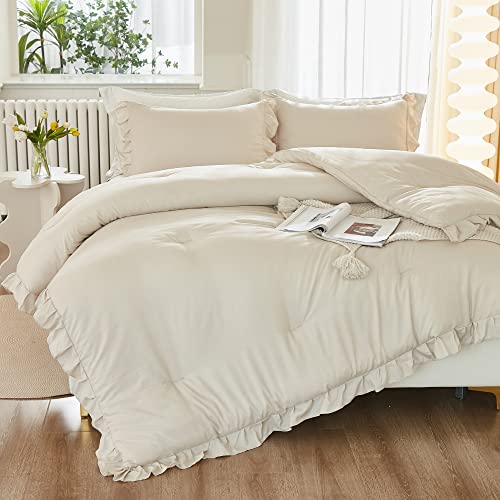 Litanika Full Comforter Set Beige, 3 Pieces Ruffle Farmhouse Aesthetic Bedding Comforter Set, Lightweight Fluffy Microfiber Bed Set (79x90In Comforter, 2 Pillowcases)