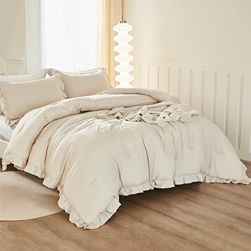 Litanika Full Comforter Set Beige, 3 Pieces Ruffle Farmhouse Aesthetic Bedding Comforter Set, Lightweight Fluffy Microfiber Bed Set (79x90In Comforter, 2 Pillowcases)