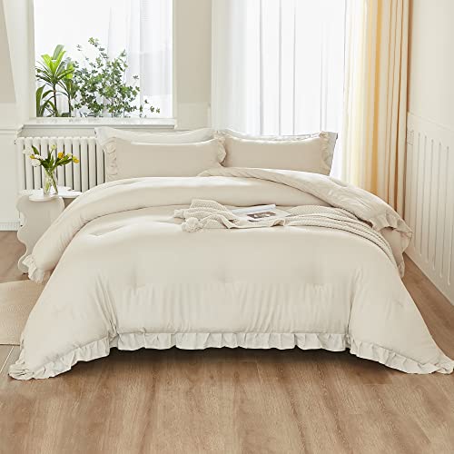 Litanika Full Comforter Set Beige, 3 Pieces Ruffle Farmhouse Aesthetic Bedding Comforter Set, Lightweight Fluffy Microfiber Bed Set (79x90In Comforter, 2 Pillowcases)