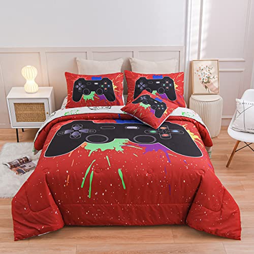 NTBED Game Console Comforter Set for Boys Girls Kids 3D Gaming Tie Dye Lightweight Microfiber Gamer Bedding Sets (Red, Full 6Pcs)