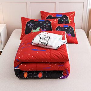 NTBED Game Console Comforter Set for Boys Girls Kids 3D Gaming Tie Dye Lightweight Microfiber Gamer Bedding Sets (Red, Full 6Pcs)