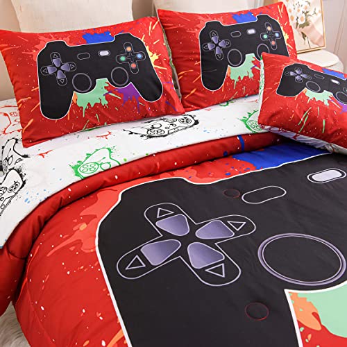 NTBED Game Console Comforter Set for Boys Girls Kids 3D Gaming Tie Dye Lightweight Microfiber Gamer Bedding Sets (Red, Full 6Pcs)