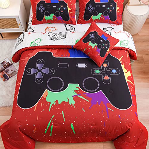 NTBED Game Console Comforter Set for Boys Girls Kids 3D Gaming Tie Dye Lightweight Microfiber Gamer Bedding Sets (Red, Full 6Pcs)