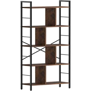 yoobure 5 tier tall book shelf, industrial bookshelf storage bookcase, open wood book case, rustic 5 shelf display shelf for living room, modern standing book shelf for bedroom, home office, kitchen