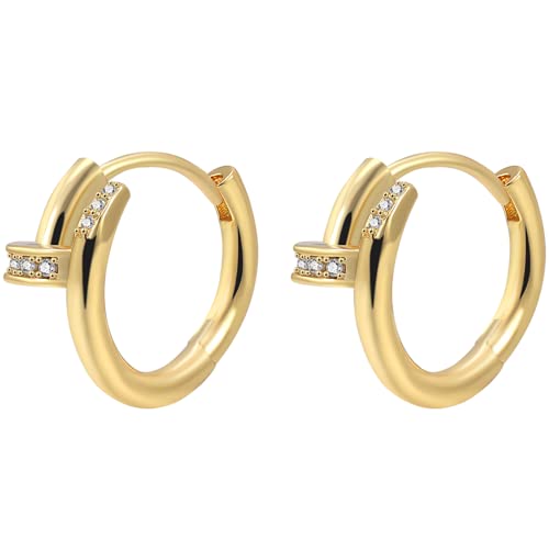 PICKBEAU 18K Gold Plated Hoop Earrings for Women Geometric Nail Shape CZ Pave Loop Hoop Huggie Earrings for Girls