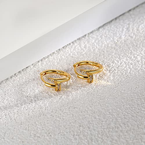 PICKBEAU 18K Gold Plated Hoop Earrings for Women Geometric Nail Shape CZ Pave Loop Hoop Huggie Earrings for Girls