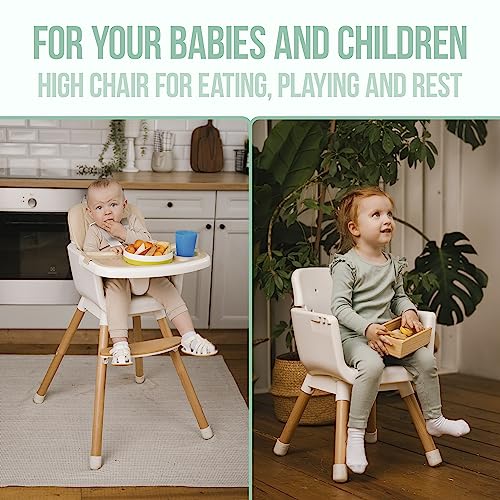 High Chair for Babies and Toddlers, Wooden Baby high Chair 3-in-1 with Removable Tray, Adjustable Legs, 5-Point Harness, High Chair for Toddlers