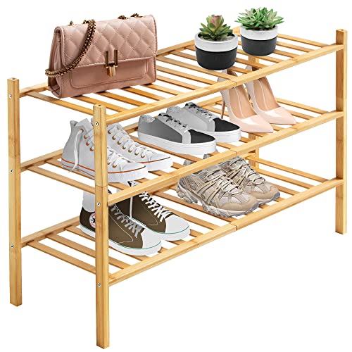 WANGMUXIA 3-Tier Bamboo Shoe Rack，Free Standing Shoe Racks Stackable Shoe Rack，Entryway，Hallway, Bathroom and Living Room，Multifunctional Bamboo Rack in Different Combinations (3-Tier)