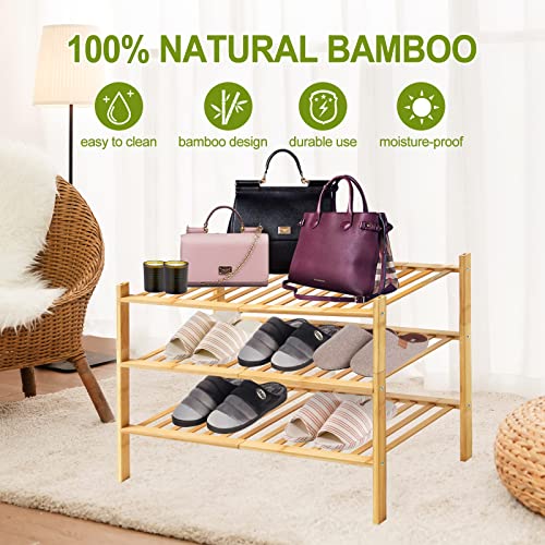 WANGMUXIA 3-Tier Bamboo Shoe Rack，Free Standing Shoe Racks Stackable Shoe Rack，Entryway，Hallway, Bathroom and Living Room，Multifunctional Bamboo Rack in Different Combinations (3-Tier)