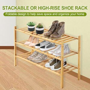 WANGMUXIA 3-Tier Bamboo Shoe Rack，Free Standing Shoe Racks Stackable Shoe Rack，Entryway，Hallway, Bathroom and Living Room，Multifunctional Bamboo Rack in Different Combinations (3-Tier)