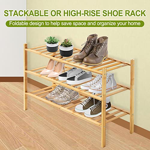 WANGMUXIA 3-Tier Bamboo Shoe Rack，Free Standing Shoe Racks Stackable Shoe Rack，Entryway，Hallway, Bathroom and Living Room，Multifunctional Bamboo Rack in Different Combinations (3-Tier)