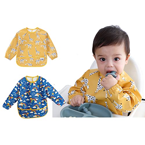 YKVOSAR Allover Print Full Coverage Toddler Baby Bibs Waterproof Recycle Bibs with Pocket Baby Feeding Bibs 2 Pack Washable Oeko Baby Bibs for Eating,Baby Food Bibs for 6-36 Months(Yellow Giraffe L)Pattern Travel Bib Fold up to a Small Size Easy to Clean