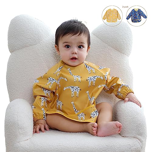 YKVOSAR Allover Print Full Coverage Toddler Baby Bibs Waterproof Recycle Bibs with Pocket Baby Feeding Bibs 2 Pack Washable Oeko Baby Bibs for Eating,Baby Food Bibs for 6-36 Months(Yellow Giraffe L)Pattern Travel Bib Fold up to a Small Size Easy to Clean