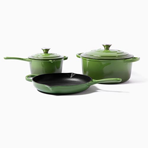 Larder & Vine 5 Piece Enameled Cast Iron Cookware Set, Oven Safe and Compatible with all Cooktops - includes 5.7 QT Dutch Oven and 2.2 QT Saucepan with lids and 10.25" Skillet (Okra)