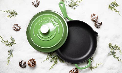 Larder & Vine 5 Piece Enameled Cast Iron Cookware Set, Oven Safe and Compatible with all Cooktops - includes 5.7 QT Dutch Oven and 2.2 QT Saucepan with lids and 10.25" Skillet (Okra)