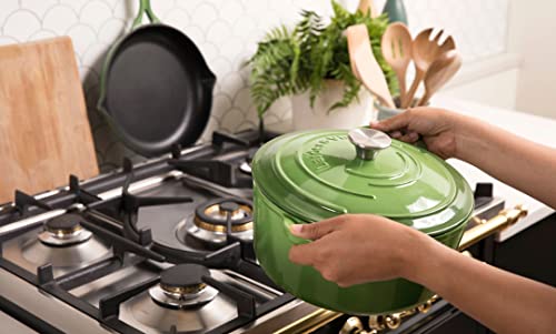 Larder & Vine 5 Piece Enameled Cast Iron Cookware Set, Oven Safe and Compatible with all Cooktops - includes 5.7 QT Dutch Oven and 2.2 QT Saucepan with lids and 10.25" Skillet (Okra)