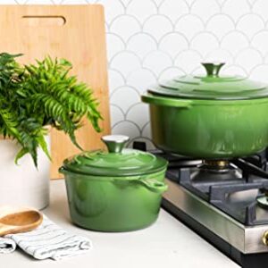 Larder & Vine 5 Piece Enameled Cast Iron Cookware Set, Oven Safe and Compatible with all Cooktops - includes 5.7 QT Dutch Oven and 2.2 QT Saucepan with lids and 10.25" Skillet (Okra)