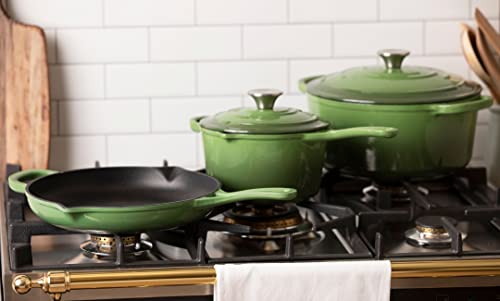 Larder & Vine 5 Piece Enameled Cast Iron Cookware Set, Oven Safe and Compatible with all Cooktops - includes 5.7 QT Dutch Oven and 2.2 QT Saucepan with lids and 10.25" Skillet (Okra)