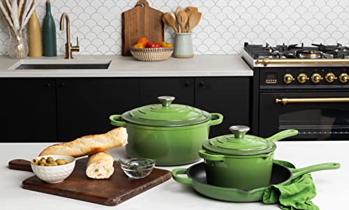 Larder & Vine 5 Piece Enameled Cast Iron Cookware Set, Oven Safe and Compatible with all Cooktops - includes 5.7 QT Dutch Oven and 2.2 QT Saucepan with lids and 10.25" Skillet (Okra)