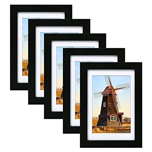 HappyHapi 4x6 Picture Frame 5 Pack Photo Picture Frame with Real Glass for Wall or Tabletop Display Decor 4x6 Frames Collage for Photos/Artwork/Paintings (Black)