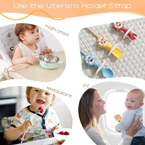 Baby Spoons Self Feeding 6 Month,Toddler Utensils Holder Strap Food Grade Silicone Keep Fork and Spoon Off The Floor Great for Kids,Hook On High Chair（Green）