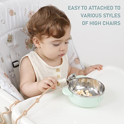 Baby Spoons Self Feeding 6 Month,Toddler Utensils Holder Strap Food Grade Silicone Keep Fork and Spoon Off The Floor Great for Kids,Hook On High Chair（Green）