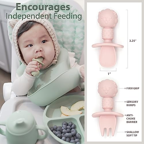 Silicone Baby Feeding Spoon and Fork Set l Baby Led Weaning, Toddler Self-Feeding & Training l First Stage Utensils for Infant and Parent l Anti-Choke Barrier, Soft-Tip l 6 months [6 Pack]