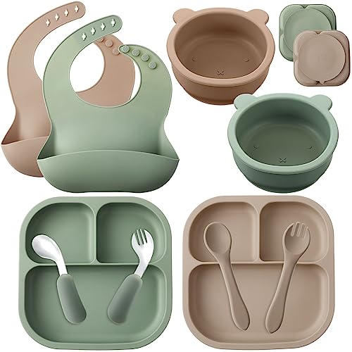 Gerrii 10 Pcs Baby Led Weaning Supplies Silicone Baby Feeding Set Includes Divided Baby Plates Suction Baby Bowls Baby Utensils Adjustable Soft Bib for Toddler Infant First Stage Self Eating Food