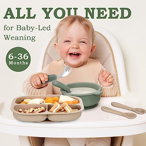 Gerrii 10 Pcs Baby Led Weaning Supplies Silicone Baby Feeding Set Includes Divided Baby Plates Suction Baby Bowls Baby Utensils Adjustable Soft Bib for Toddler Infant First Stage Self Eating Food