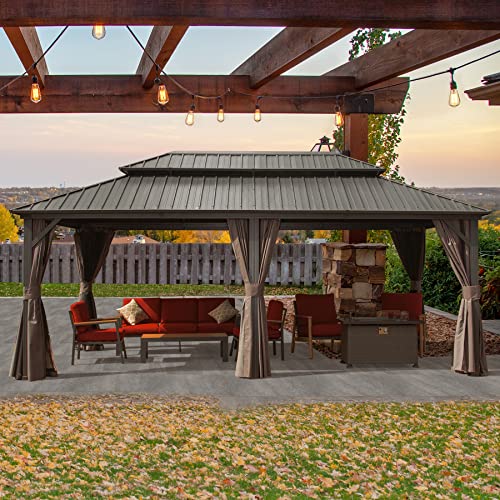 Domi Outdoor Living 12’ X 20’ Hardtop Gazebo Canopy with Netting & Curtains, Outdoor Aluminum Gazebo with Galvanized Steel Double Roof for Patio Lawn and Garden, Gray