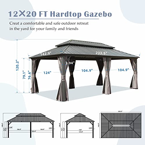 Domi Outdoor Living 12’ X 20’ Hardtop Gazebo Canopy with Netting & Curtains, Outdoor Aluminum Gazebo with Galvanized Steel Double Roof for Patio Lawn and Garden, Gray