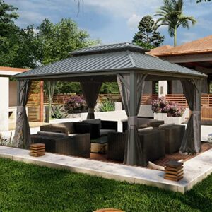 domi 10' x 12' hardtop gazebo, aluminum metal gazebo with galvanized steel double roof canopy, curtain and netting, permanent gazebo pavilion for patio, backyard, deck, lawn