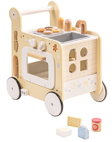 ROBOTIME Baby Push Walker Wooden Strollers,4 in 1 Multiple Activities Center Learning Activity Walker Toys, Suitable for Toddlers Kid 12Mos+ with Bakery Kitchen,Shape Sorter and Movable Slider