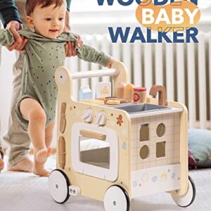 ROBOTIME Baby Push Walker Wooden Strollers,4 in 1 Multiple Activities Center Learning Activity Walker Toys, Suitable for Toddlers Kid 12Mos+ with Bakery Kitchen,Shape Sorter and Movable Slider