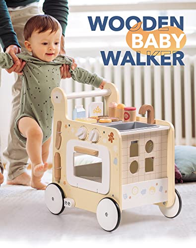 ROBOTIME Baby Push Walker Wooden Strollers,4 in 1 Multiple Activities Center Learning Activity Walker Toys, Suitable for Toddlers Kid 12Mos+ with Bakery Kitchen,Shape Sorter and Movable Slider