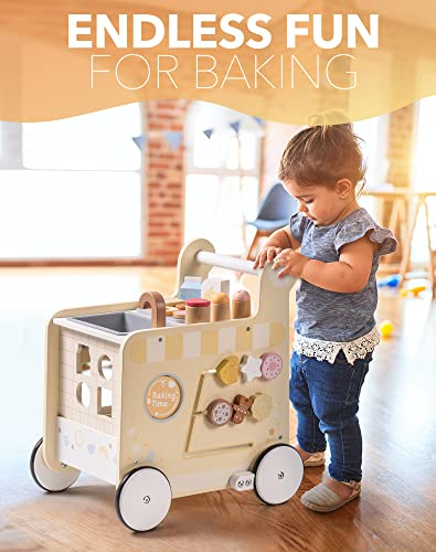 ROBOTIME Baby Push Walker Wooden Strollers,4 in 1 Multiple Activities Center Learning Activity Walker Toys, Suitable for Toddlers Kid 12Mos+ with Bakery Kitchen,Shape Sorter and Movable Slider