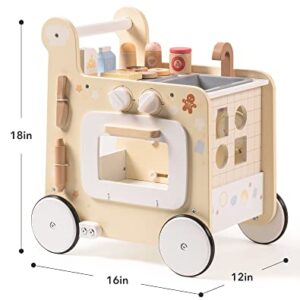 ROBOTIME Baby Push Walker Wooden Strollers,4 in 1 Multiple Activities Center Learning Activity Walker Toys, Suitable for Toddlers Kid 12Mos+ with Bakery Kitchen,Shape Sorter and Movable Slider