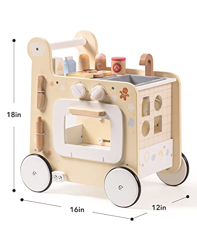 ROBOTIME Baby Push Walker Wooden Strollers,4 in 1 Multiple Activities Center Learning Activity Walker Toys, Suitable for Toddlers Kid 12Mos+ with Bakery Kitchen,Shape Sorter and Movable Slider