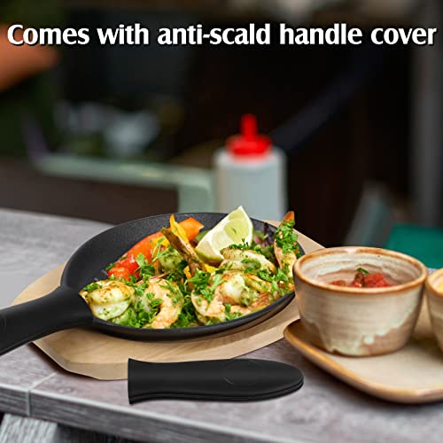 Tanlade 3 Sets Cast Iron Skillets Pre Seasoned Fajita Pan Heavy Duty Construction Sizzling Plates with Wooden Base and Silicone Handle Mitt, Black